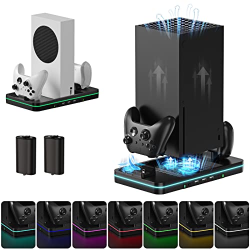 Cooling Fan for Xbox Series X/S with RGB Light Strip, Dual Controller Charging System for Xbox with 2 X 1100mAh Battery, HUIJUTCHEN 3 Usb Ports Vertical Cooling Stand for Xbox Series X/S Accessories