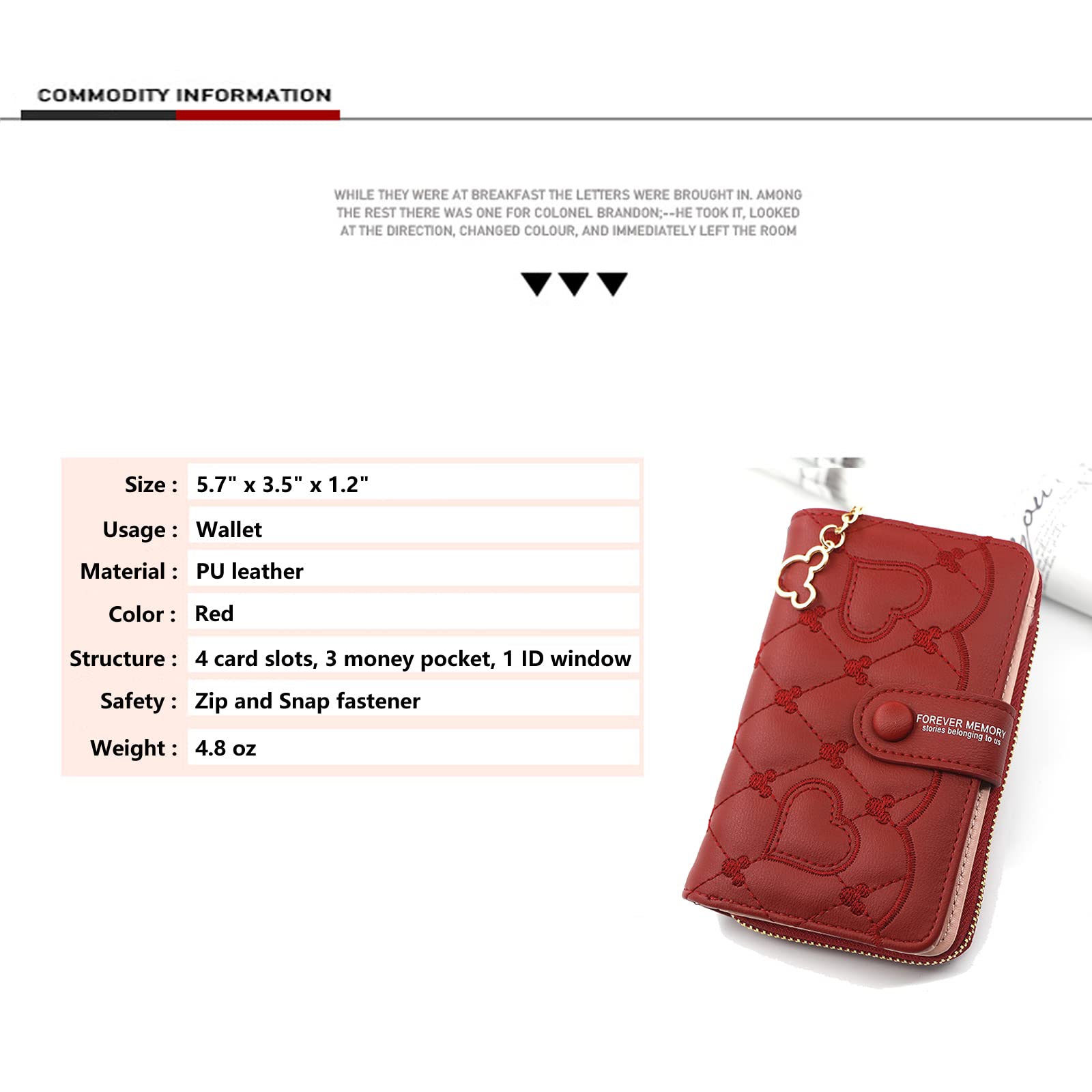 Card Wallets for Women with Zipper Pocket Leather Slim Small Wallet Rfid Blocking Bifold 5 Credit Coin Pocket Purse Medium Long (Red)