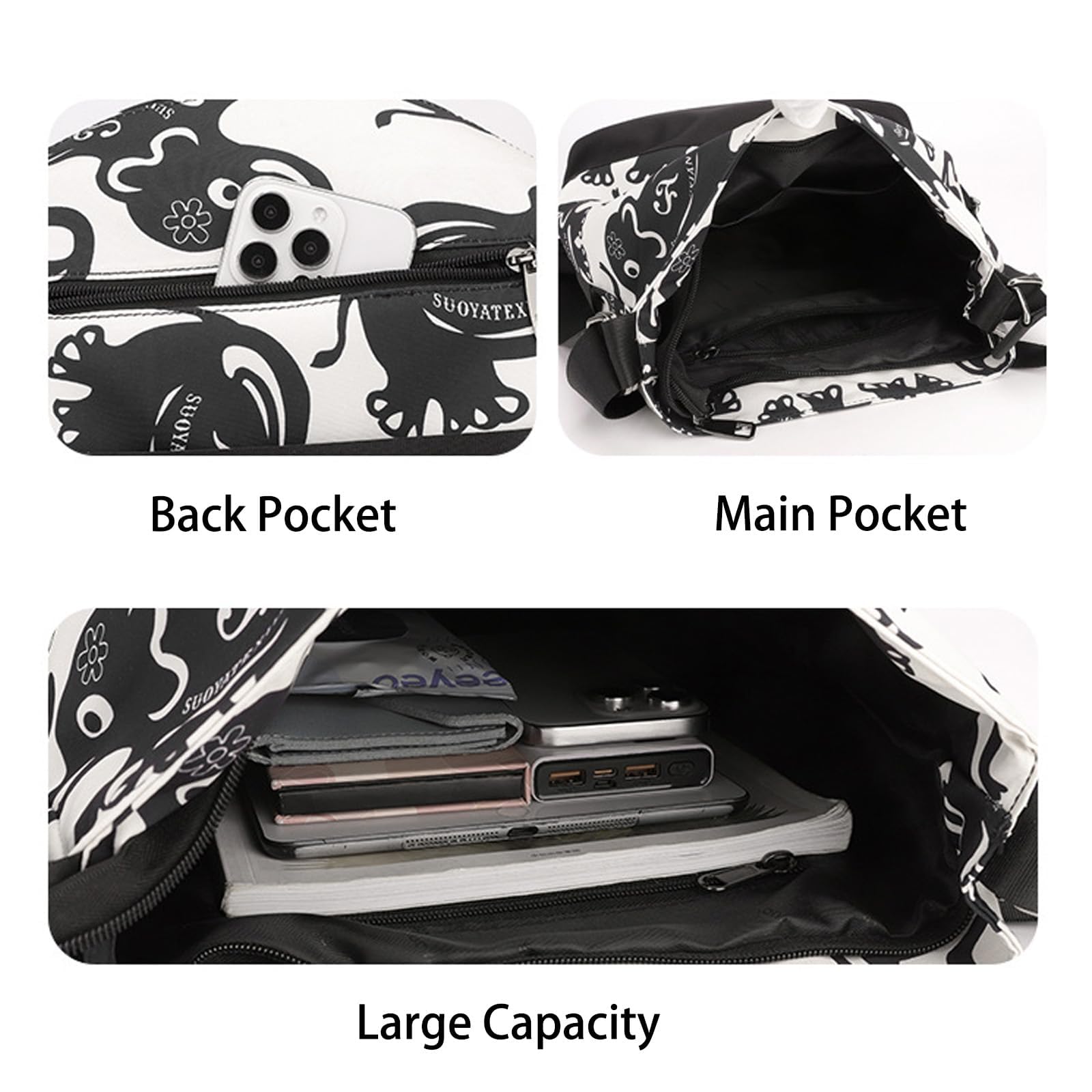 Crossbody Bag for Women Medium Drawstring Top Handle Handbag Canvas Striped Tote Bag Shoulder Bag Clutch Purse (Black)