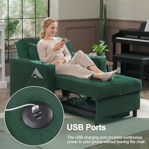 DURASPACE 39 Inch Sleeper Chair 3-in-1 Convertible Chair Bed Pull Out Sleeper Chair Beds Adjustable Single Armchair Sofa Bed with USB Ports, Side Pocket, Cup Holder (Forest Green Linen)