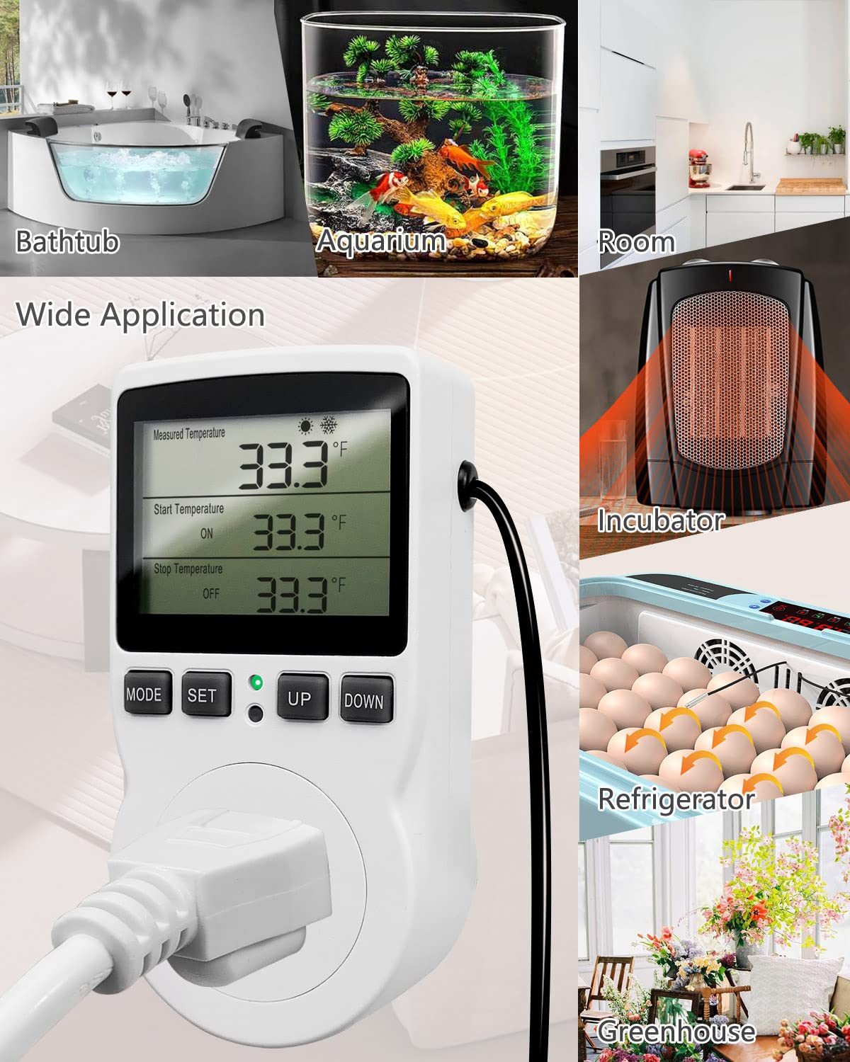 Digital Temperature Controller Outlet, 120V Electric Thermostat Outlet Plug with Timer Heating Cooling Control 110V for Reptile Terrarium Greenhouse Refrigerator