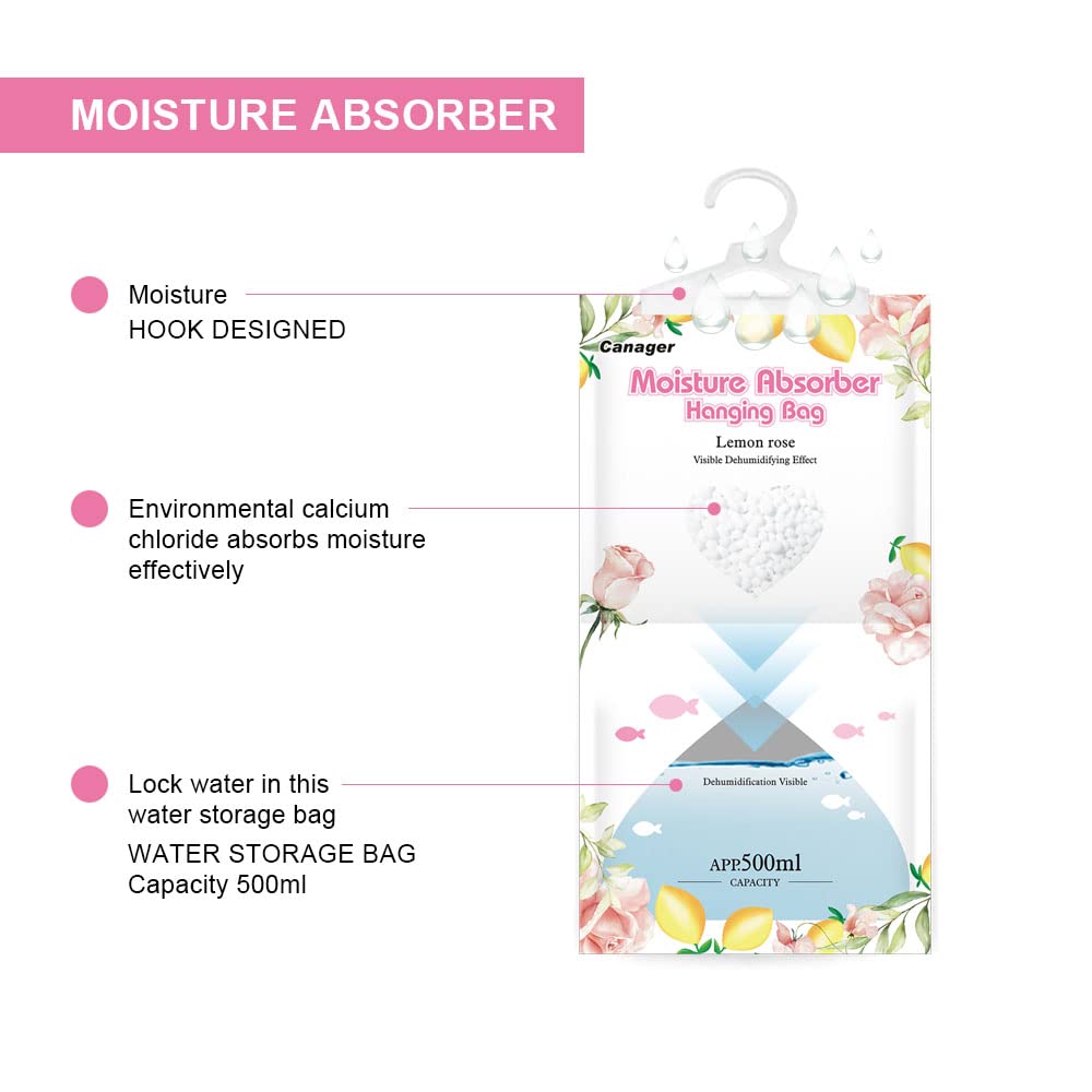 CANAGER Hanging Moisture Absorber, Lemon Rose Moistureproof Hanging Bag，Dehumidifier Bag (8 packs) Hanging Closet Dehumidifier Bags, Moisture Absorb 12.5 oz