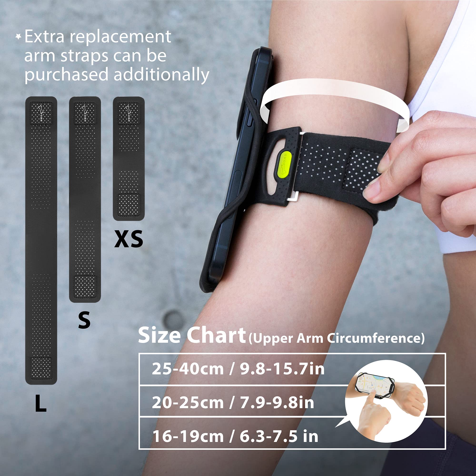 Bone Run Tie 2 Phone Holder for Running Armband Universal Cell Phone Holder, Running Arm Bands for Cell Phone Size 4.7-7.2 Inches for iPhone15 14 13 12 11 Samsung Galaxy (Black -L/Arm 9.8-15.7")