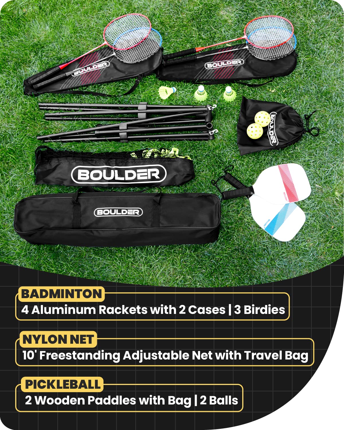 BOULDER Sports Pickleball Paddles & Badminton Set for Backyard - Includes 4 Rackets, 2 Pickleball Paddles, 3 Shuttlecocks, 2 Pickleballs & 2 Travel Bags - Easy Setup Volleyball & Racket Sports Net