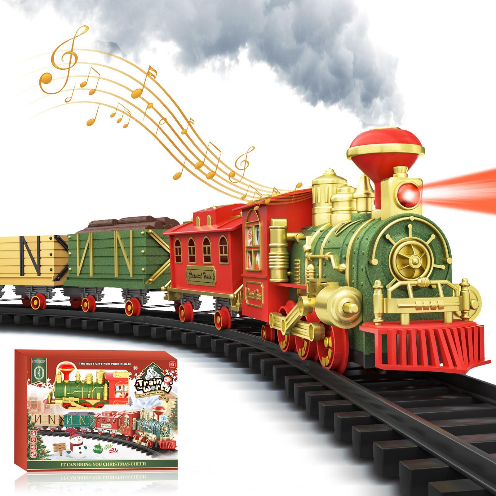 Christmas Train Set, Electric Train Around Tree w/Smoke Light & Sound for Kids Train Toy, Steam Locomotive Engine, Cargo Car and Train Tracks
