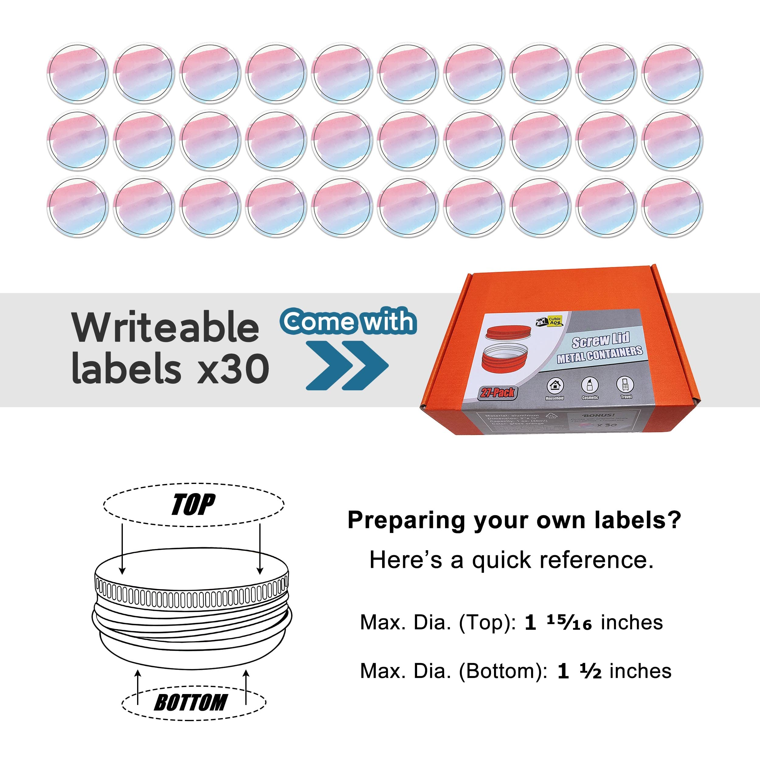Cubic Ape (1 oz, 27-Pack, w/Labels) Screw Lid Aluminum Jars for Cosmetics - (Small) Refillable Empty Metal Containers for Balm, Salve, Cream (Gloss Orange)
