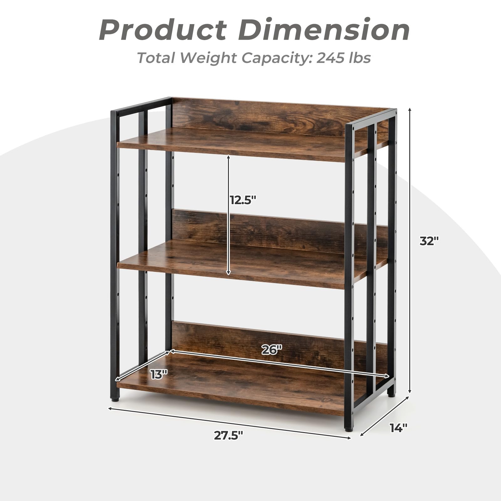 Giantex 3-Tier Bookshelf, Industrial 32" Tall Small Book Shelf with Adjustable Shelves, Adjustable Foot Pads, Anti-Toppling Device, DIY Wooden Floor Open Display Shelving, Bookcase Shelf Rack