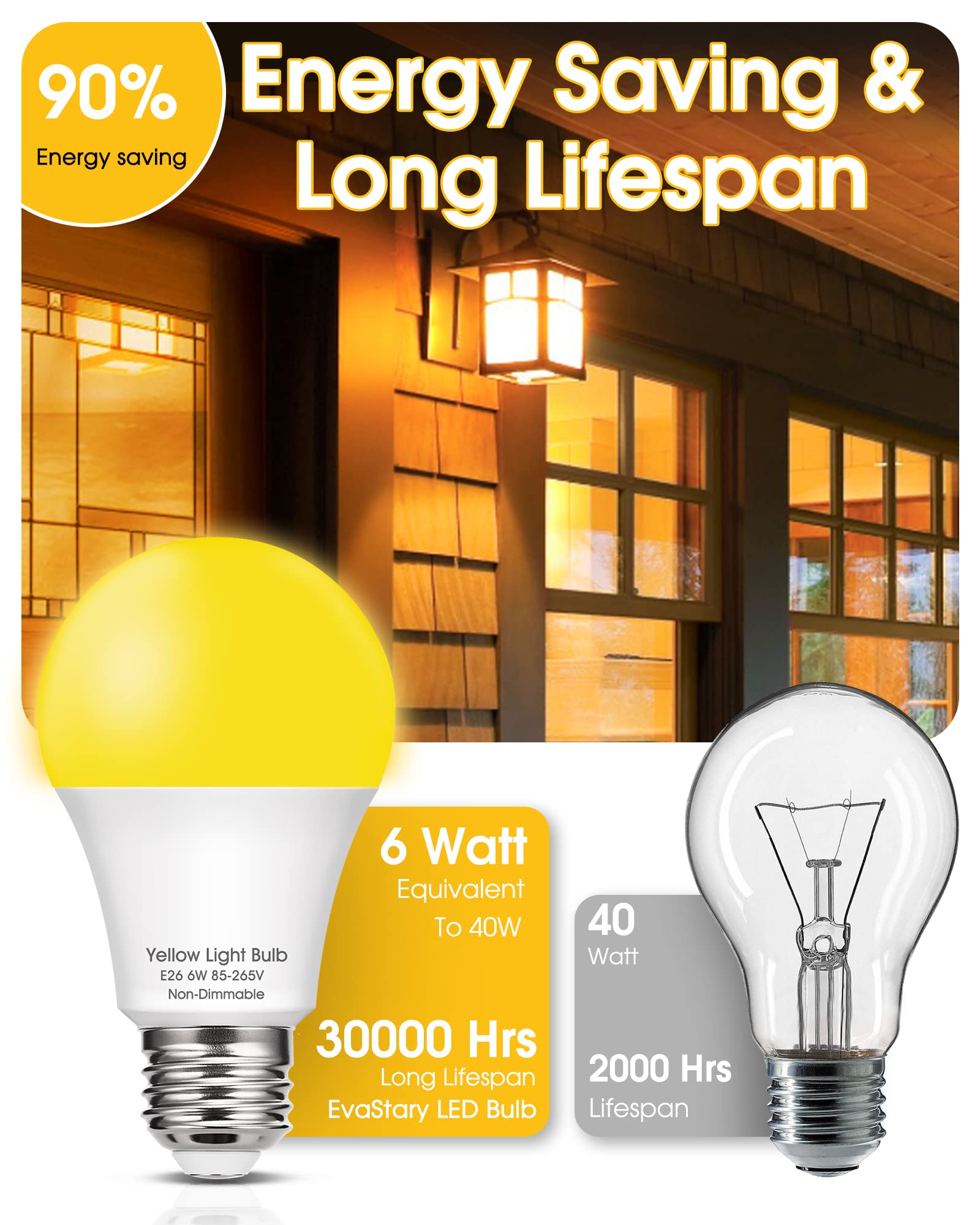 Bug Light Bulbs Outdoor, 40W Equivalent Amber Yellow LED Bug Lights for Outside, 6W 500LM 2000K for Porch Lights, Non-Attracting, Not-Dimmable A19 Bulb for Patio, Deck, Backyard, Hallway, 2 Pack