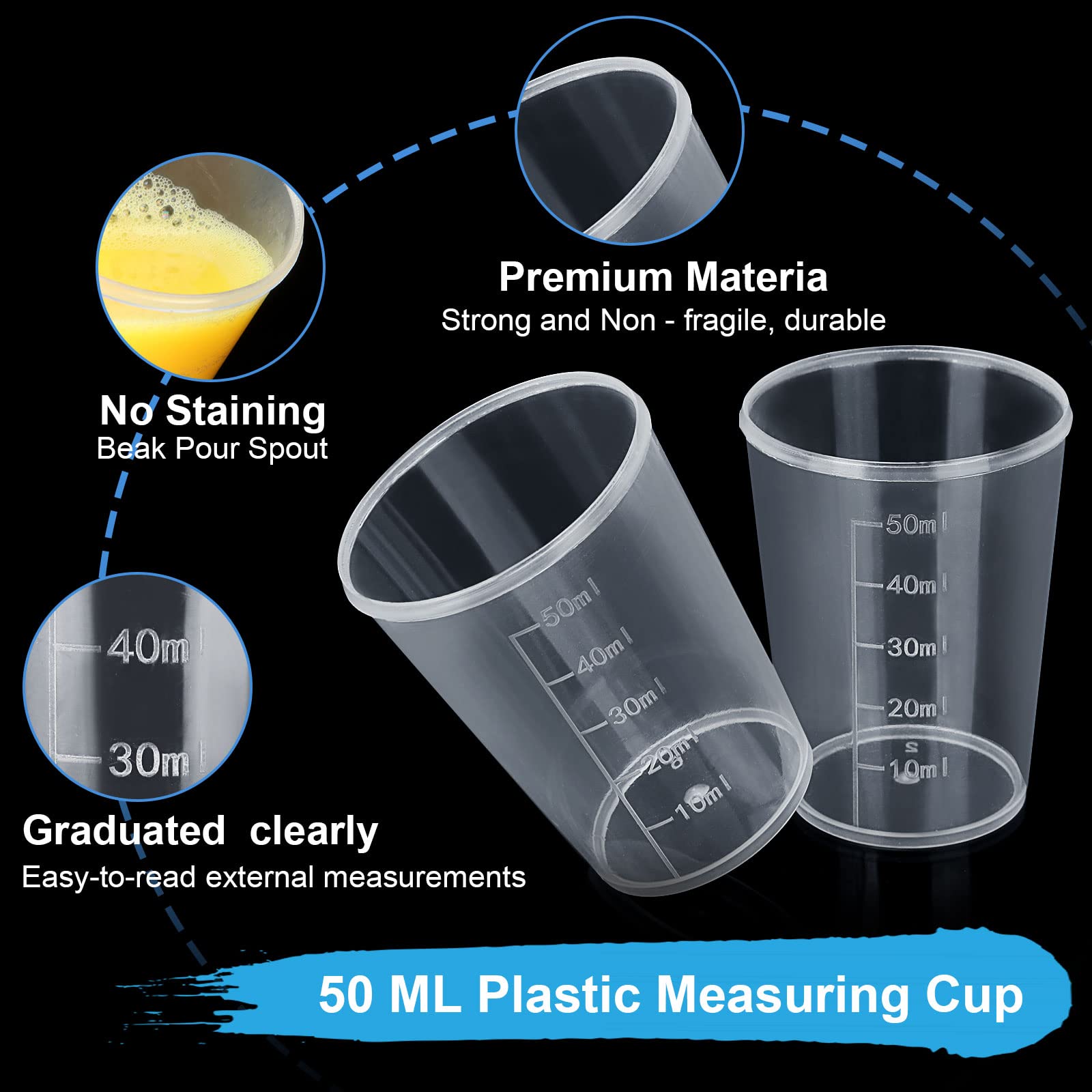 DAJAVE 100Pcs 50ML Plastic Graduated Measuring Beaker Set, Clear Resin Mixing Cups, Liquid Container Beakers for Lab Use, Graduations Liquid Container Beakers, Tapered Spout