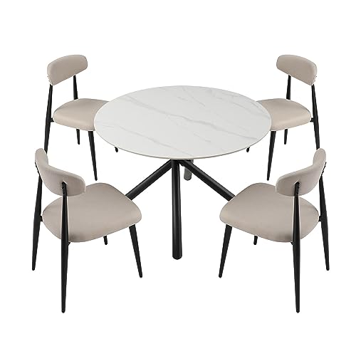 KEVINSPACE 42.13" Round Dining Table, Marble Table White Sintered Stone Tabletop with Solid Carbon Steel Base, Mid Century Modern Dining Table for Kitchen, Dining Room, Office, Reception Room Moon