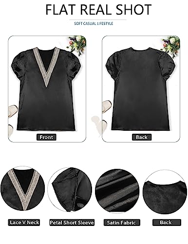 HBZDQB Satin Pajama Set for Women Short Sleeve Sleepwear Silk Soft Nightwear Comfy Loungewear daily Pjs Sets Fall Pyjama Black XL