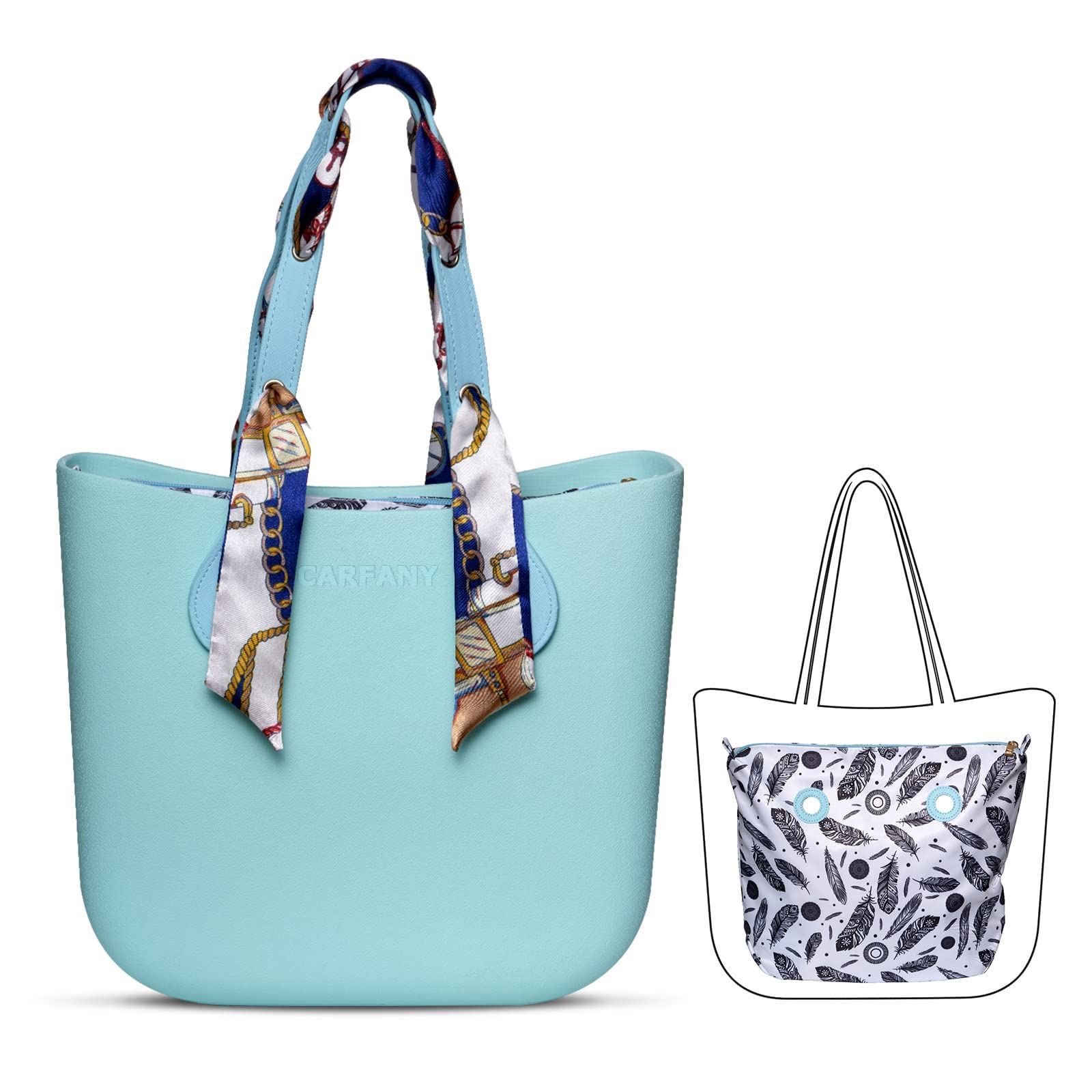 Carfany Small Beach Bag With Zipper Washable Rubber Tote Bag For Women Blue