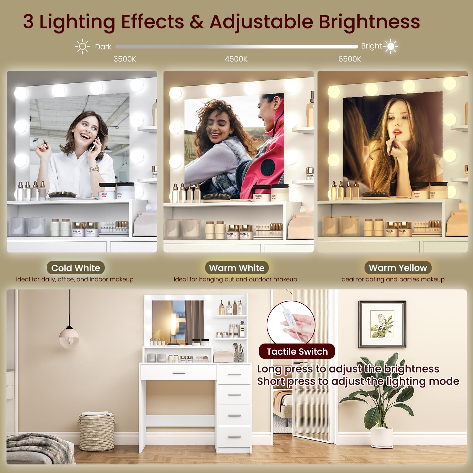 FGNTWP Makeup Vanity Desk with Mirror, 10 Lights, 5 Drawers, 3 Storage Shelves, 3 Color Modes & Adjustable Brightness Dressing Table, 35.4β Desk, White