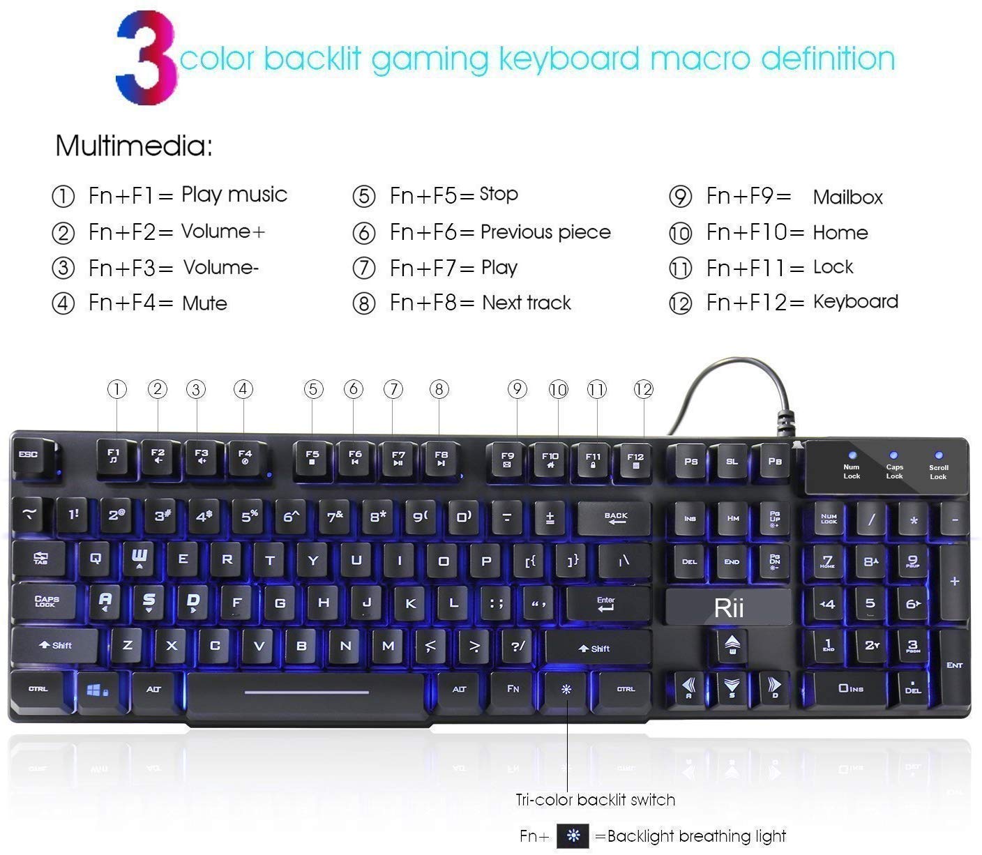 Rii RK100 3 Colors LED Backlit Mechanical Feeling USB Wired Multimedia Office Keyboard For Working or Primer Gaming,Office Device (Renewed)