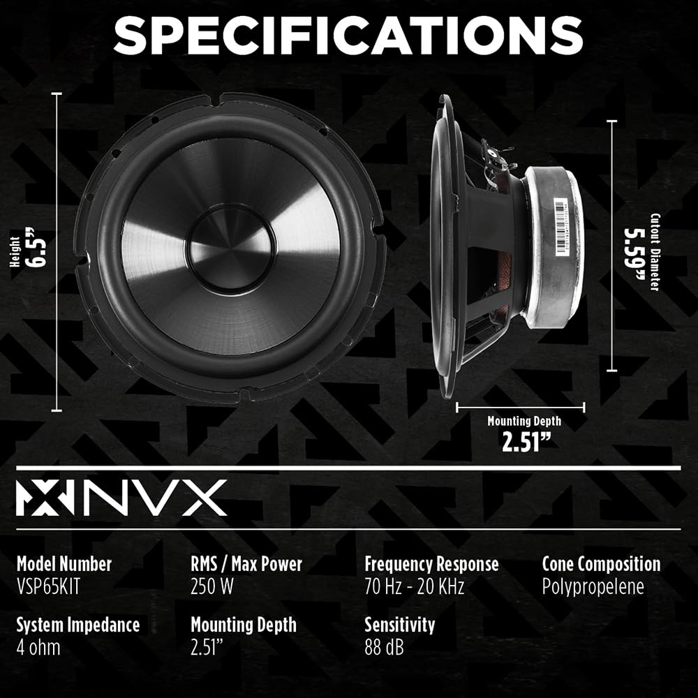 NVXยฎ VSP65KIT 6.5" Premium Car Speakers, 750W Max, 250W RMS, 2-Way 6-1/2 inch Component System w/ 1" Silk Dome Tweeters & Passive X-Overs, Easy to Install in Cars/Trucks/Doors (Pair)