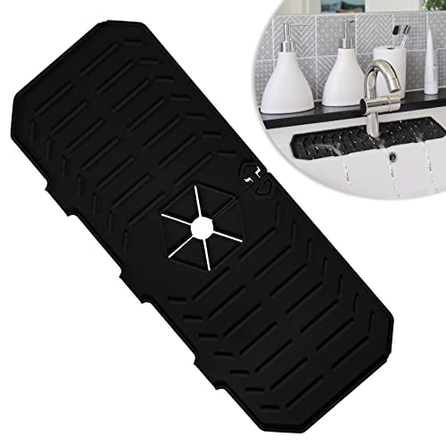 DIVIVID Silicone Faucet Handle Drip Catcher Tray, Faucet Mat for Kitchen Sink Splash Guard Behind Faucet for or Bathroom Farmhouse Bar Countertop RV(Black), 14.6x5.9x0.2