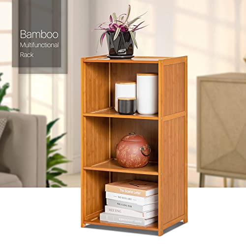 MoNiBloom Bamboo 3 Tier Narrow Bookshelf Freestanding Display Storage Shelves Cabinet Furniture for Bedroom Living Room Kitchen, Brown
