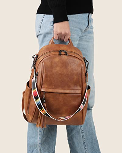 FADEON Leather Laptop Backpack Purse for Women Laptop Backpacks, Designer Mutiple Pockets Ladies Shoulder Bags Brown