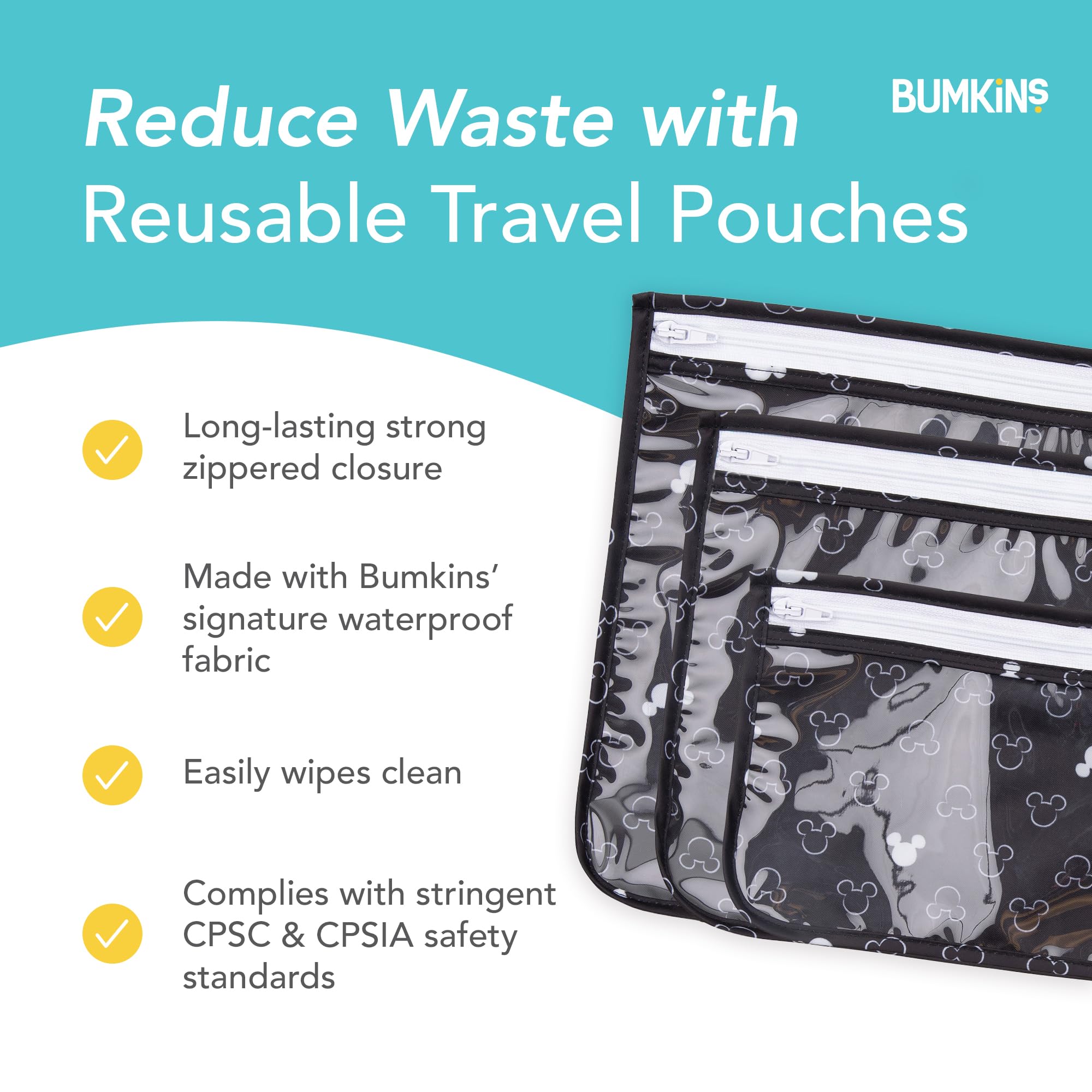 Bumkins Disney Travel Bag, Toiletry, TSA Approved Pouch, Zip Bag, Quart Size Airline Compliant, Clear-Sided, Baby, Diaper Bag Organization, Accessories, Packing, Set of 3 Sizes, Mickey Mouse Icon