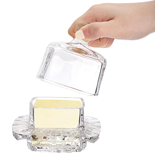 Frcctre 2 Pack Glass Butter Dish, Small Glass Butter Keeper with Dome Lid and Handle, Clear Covered Butter Serving Dish Decorative Crystal Mini Butter Container Butter Cloche