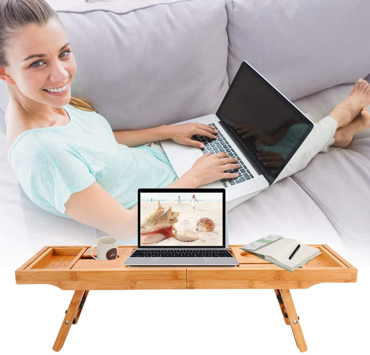 Hossejoy Bathtub Caddy Tray& Laptop Desk with Foldable Legs, 2 in 1 Wisdom Design β Luxurious Bathtub Caddy with Extending Sides, Tablet Holder, Reading Rack,Cellphone Tray and Wine Glass Holder