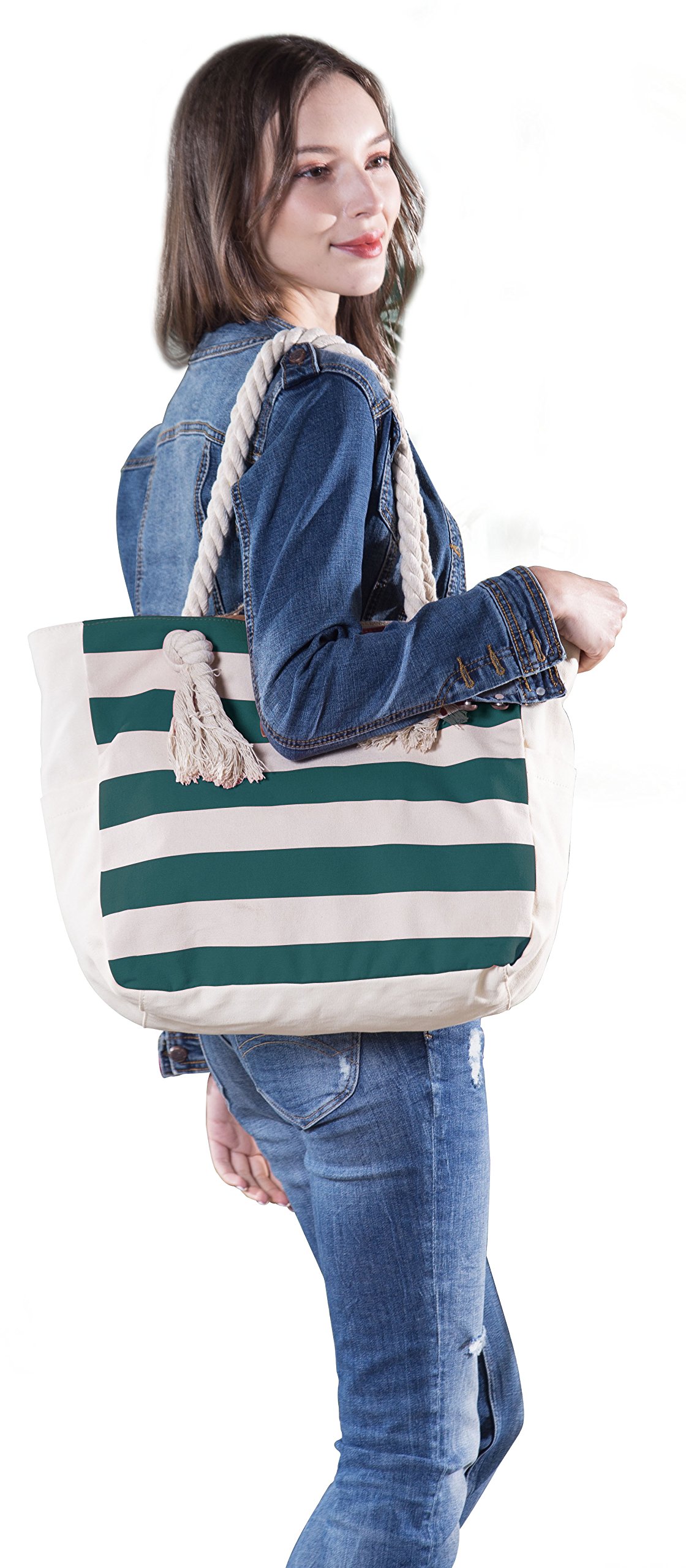 Malirona Large Beach Travel Tote Bag Canvas Shoulder Bag with Cotton Rope Handle (Green Stripes)