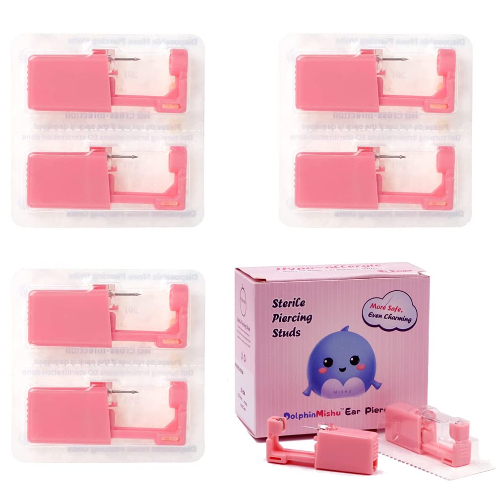 CHUANCI 6PCS Pink Ear Piercing Kit, Evatage Disposable Self Ear Piercing Gun Kit, Nose Piercing Tools with Crystal Stud Earrings for Home Salon Piercing (6pcs gun with pink zircon)