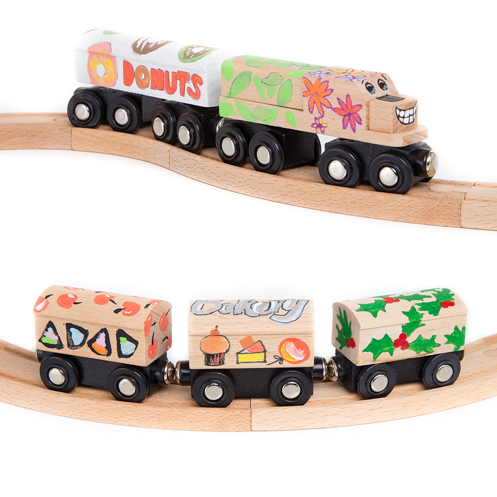 Orbrium 8 Unpainted Train Cars with 12 Colors Paint and Paint Brushes Set for Wooden Railway Compatible with Thomas, Chuggington, Brio, for Birthday Party Train Theme