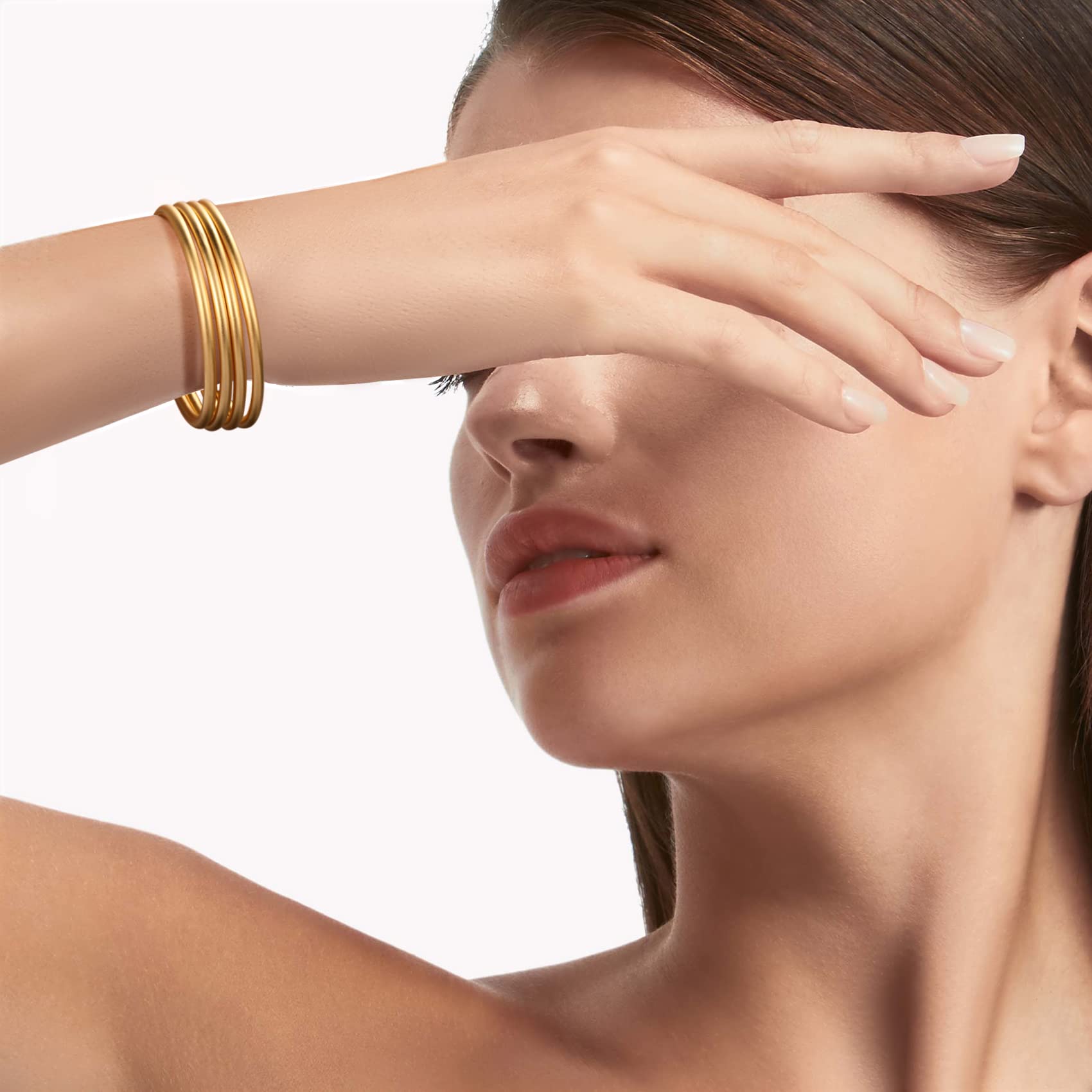BUREI 14K Gold Plated Bangle for Women Stackable Thin Round Bracelet Smooth Handmade Gold Bangle Bracelet Gift for Girls Ladies (Gold 4mm, 8 inch)