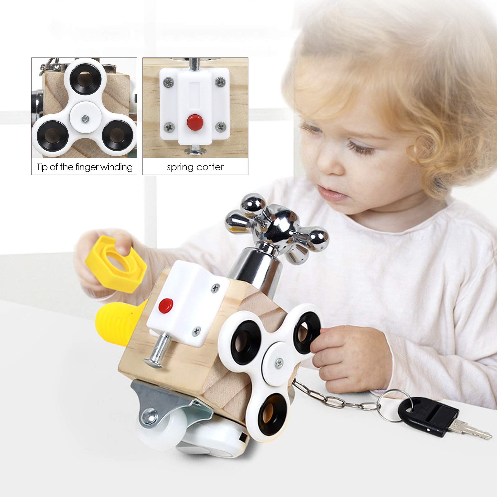 KEBEGE Busy Cube for Kids,Busy Board for Toddlers Fidget Toy Cube Wooden Sensory Board, Montessori Busy Board for Toddlers, Switch Function Early Learning, Learning Toy for Airplane or Car Travel