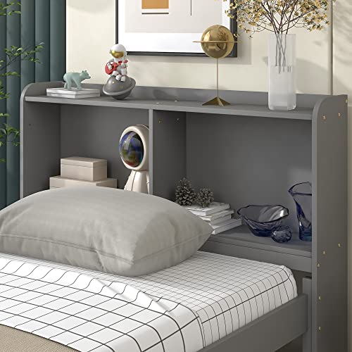 Harper & Bright Designs Twin Bed with Twin Size Trundle and Drawers, Solid Wood Platform Bed Frame with Bookcase Headboard for Kids Teens Adults (Twin Size, Gray)