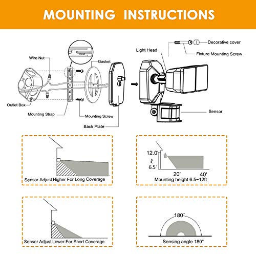 EMANER Dusk-to-Dawn Security Lights with Motion Sensor, 5000K Daylight White, IP65 Waterproof Outdoor, 110V 120V Dual-Head Rotatable LED Flood Light for Porch, Garage, Yard, Driveway