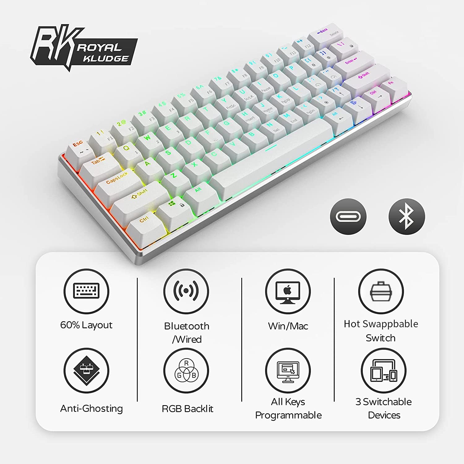 RK ROYAL KLUDGE 60% Mechanical Keyboard RK61 Pro, Wireless Gaming Keyboard Aluminum Frame, BT/Wired RGB Keyboard Bluetooth, PBT 61 Keys Mechanical Keyboard Hot Swappable, Brown Switch, White