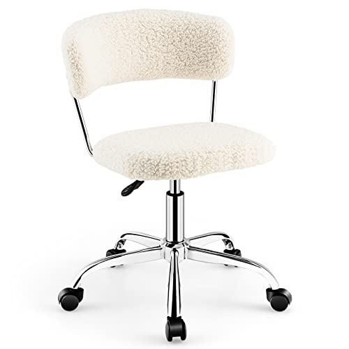 Giantex Home Office Chair, Faux Fur Low Back Swivel Leisure Chair w/Height Adjustable Padded Seat, Rolling Armless Vanity Chair w/Galvanized Steel Frame for Bedroom Study Guest Room, White