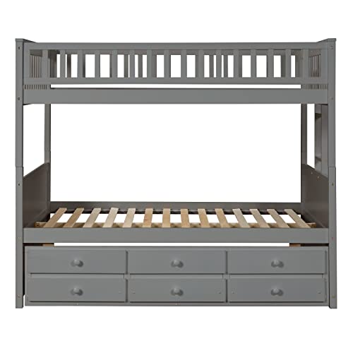 OUYESSIR Full Over Full Bunk Bed with Trundle and 3 Drawers, Full Size Bunk Beds Convertible to 2 Platform Beds, Solid Wood Bunk Bed with Twin Size Trundle and 3 Storage Drawers (Grey, Ladder)
