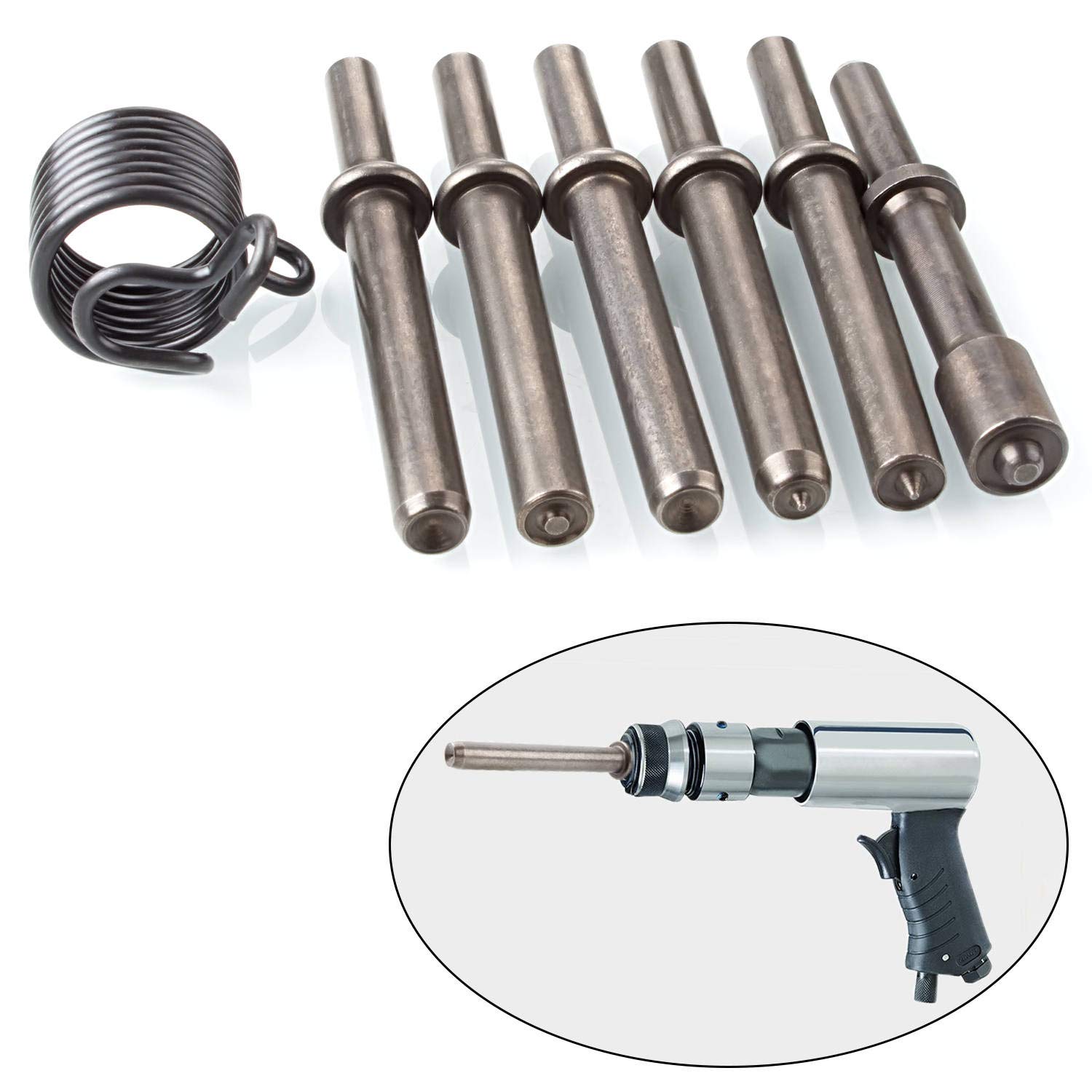 Heavy Duty 7 Pcs Air Hammer Rivet Bits, Abuff Pneumatic Air Rivet Hammer Set for Shank 0.401 Chisel/Air Hammer Rivet Sets Kit with Spring