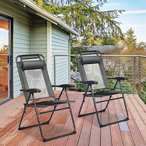 Giantex Set of 2 Patio Dining Chairs, Folding Lounge Chairs with 7 Level Adjustable Backrest, Headrest, 300 Lbs Capacity, Outdoor Portable Chairs with Metal Frame (2, Gray)