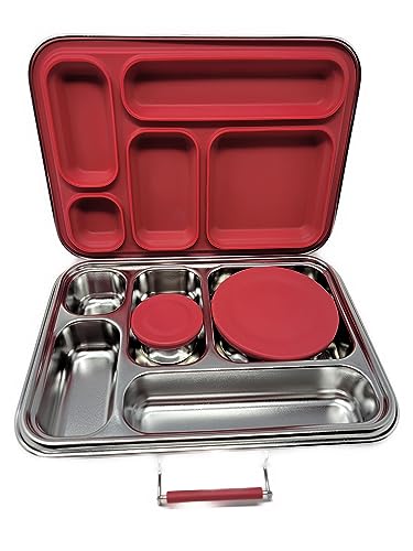 Flatbush Goods Leak Resistant Stainless Steel Bento Lunchbox with Silicone Seal, 2 Leak Proof Containers and 5 Compartments - Durable and Sustainable for Adults and Kids 5 and Older (Red)