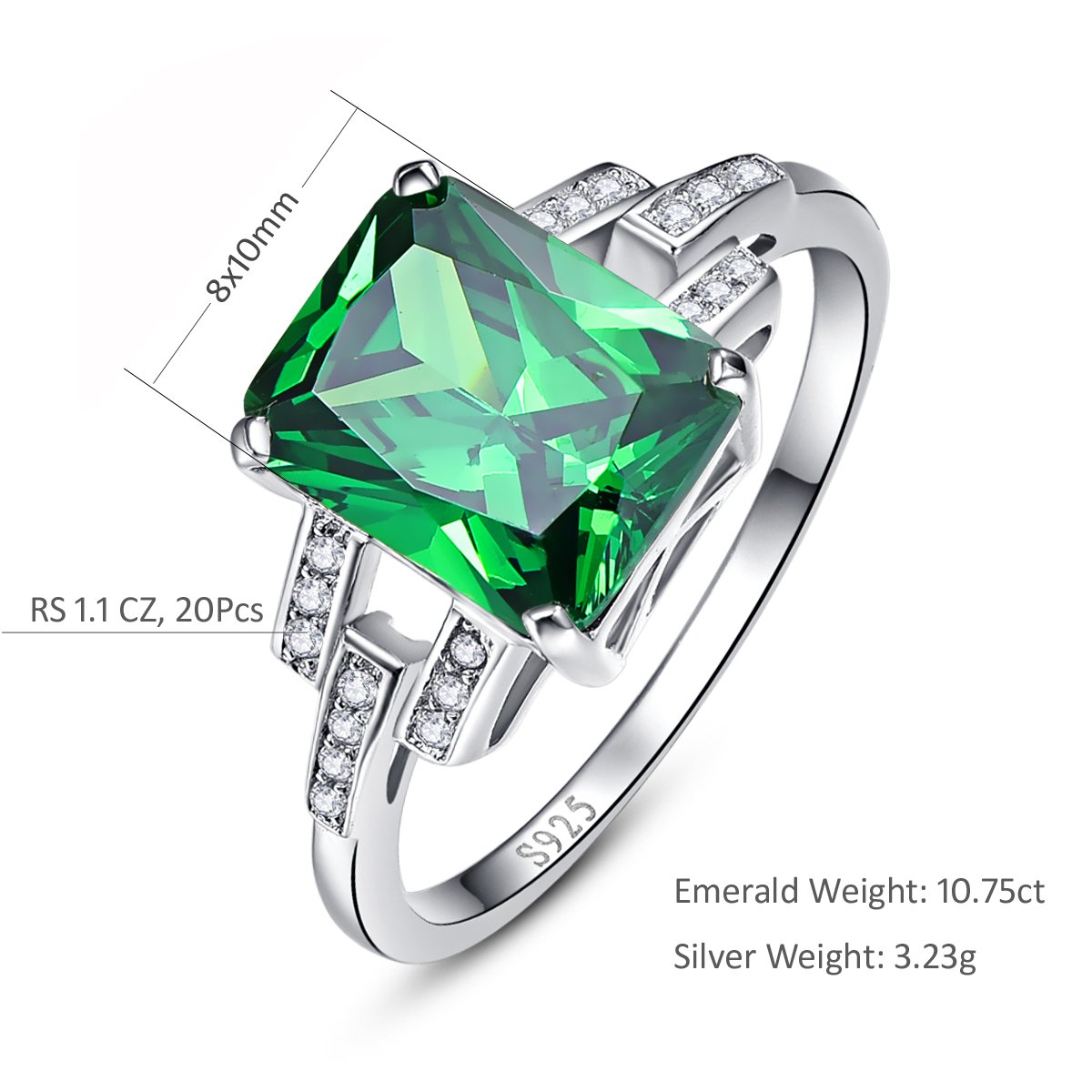 BONLAVIE 2.5ct Women's Created Emerald Rings May Birthstone Ring 925 Sterling Silver Ring Wedding Ring Anniversary Emerald Solitaire Engagement Ring Size 8