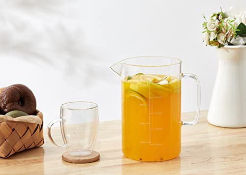 Glass Water Pitcher with Scale Line, Dinner Table Pitcher, Large Serving Carafe for Water, Juice, Sangria, Lemonade, and Milk, Clear Glass Beverage Pitcher (Clear, 85 oz)