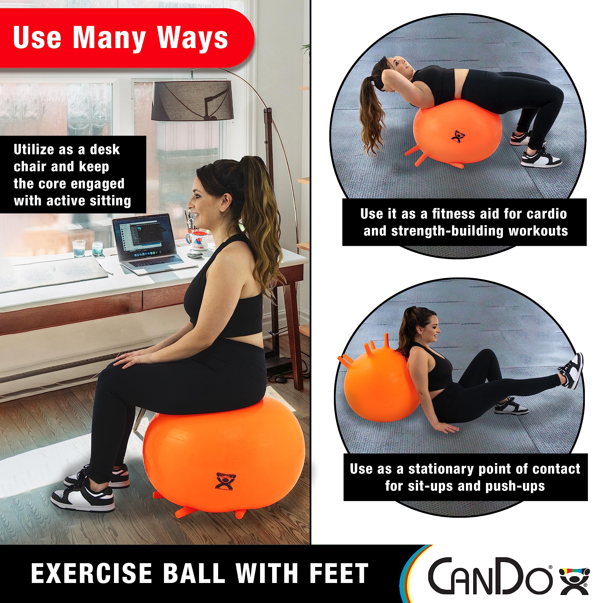 CanDo 30-1891 Non-Slip Inflatable Exercise Ball with Stability Feet for Exercise, Workout, Core Training, Yoga, Pilates, Active Sitting in Gym, Office, Home or Classroom. Yellow 18"
