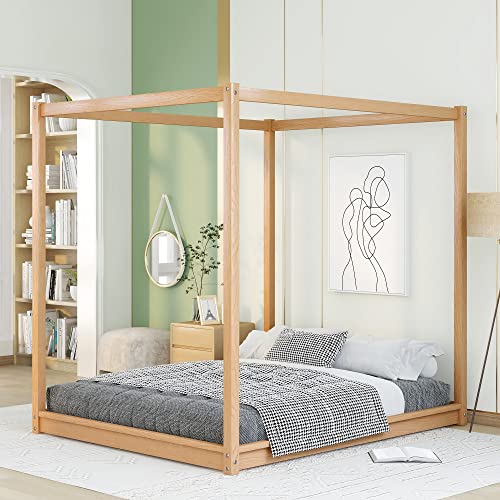 Harper & Bright Designs Queen Size Canopy Platform Bed,Wooden Canopy Bed Frame Queen with Support Legs,Queen Canopy Bed with Low Base for Kids Teens Adults, No Box Spring Needed (Queen, Natural)