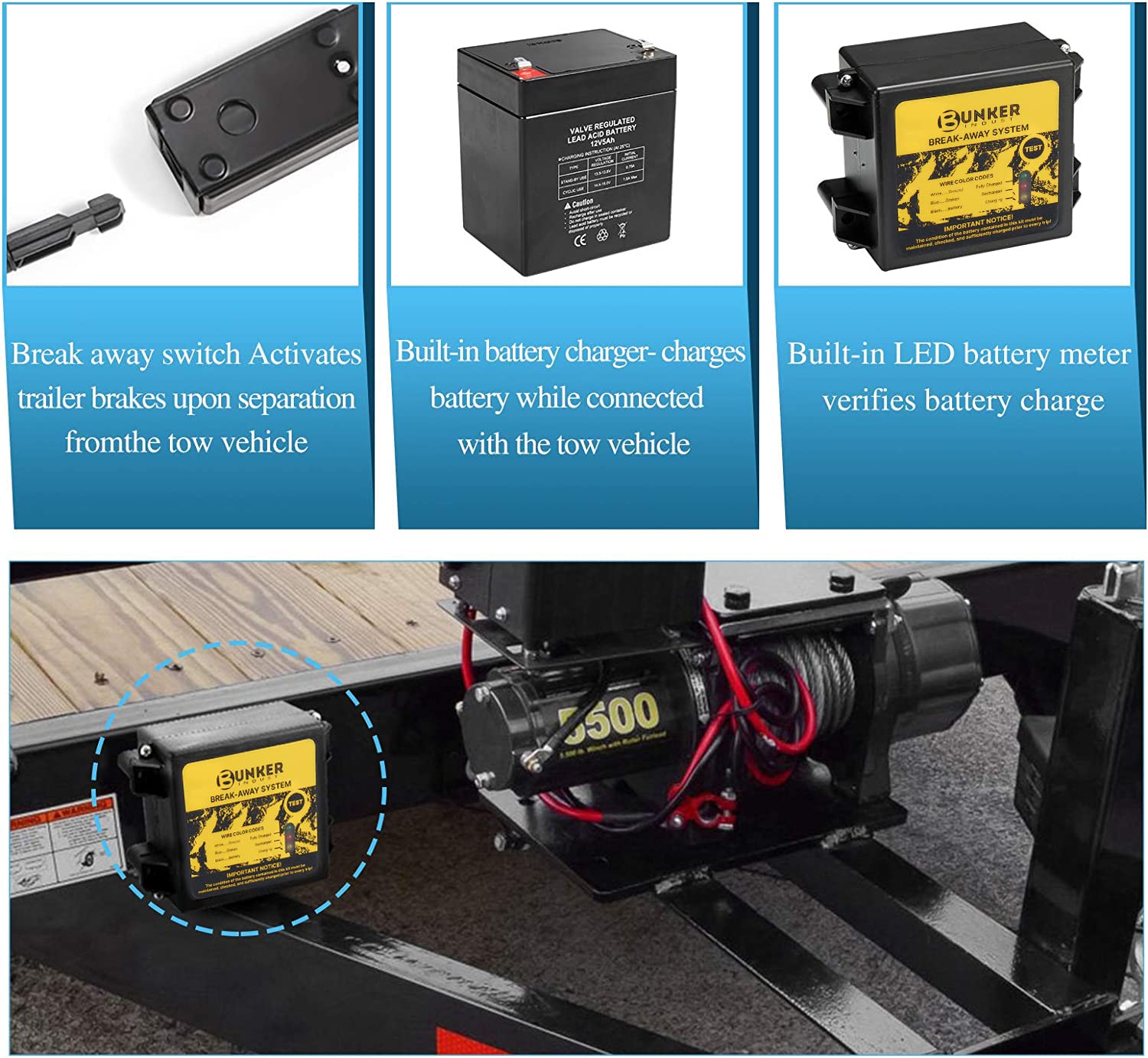 BUNKER INDUST Trailer Brakes Breakaway Kit with Charger, LED Indicator, Switch, 12V 5AH Battery for Trailer Caravan