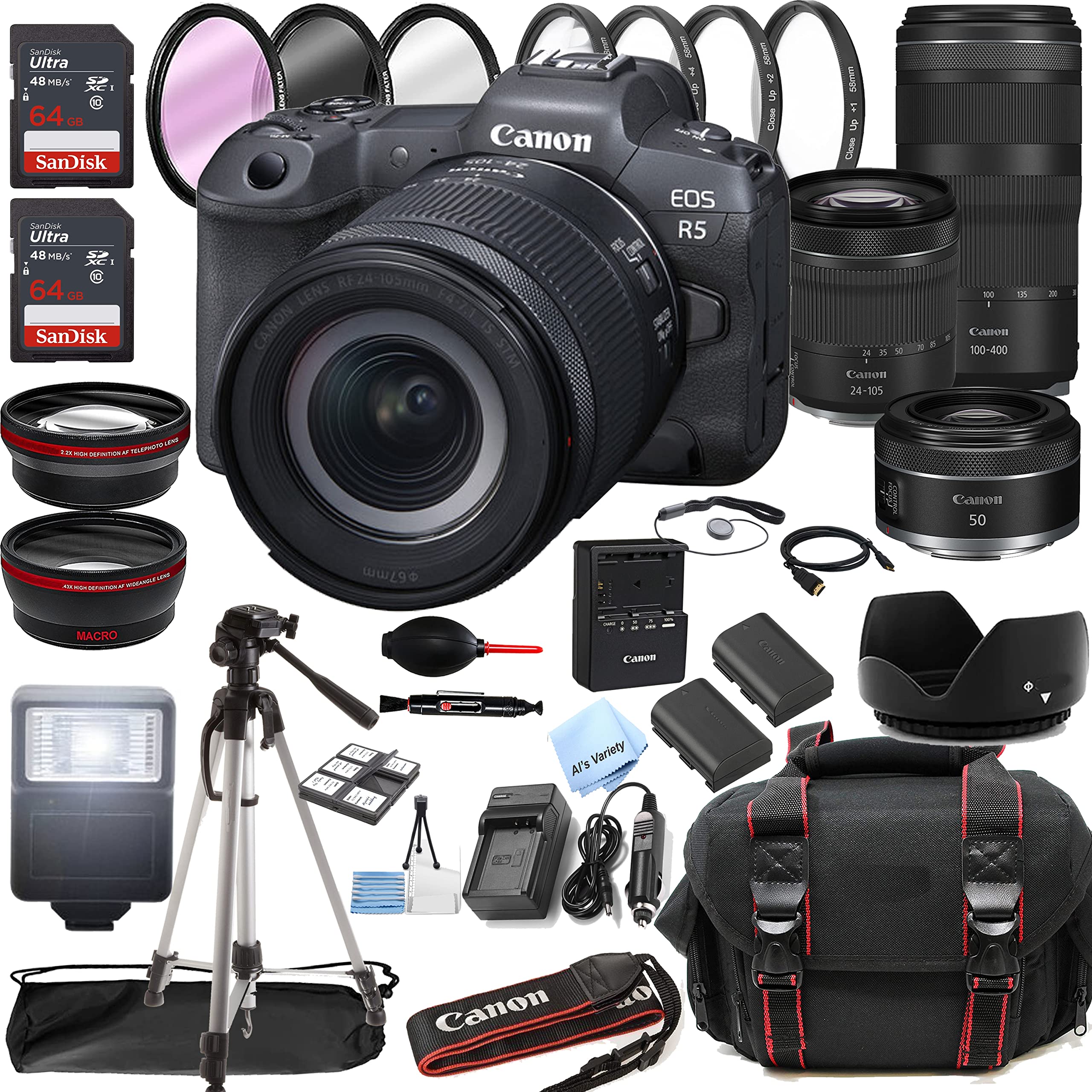 Canon EOS R5 Mirrorless Digital Camera with RF 24-105mm f/4 L is USM Lens + RF 100-400mm is USM Lens + RF 50mm f/1.8 STM Lens + 128GB Memory + Case + Tripod + Filters (43pc Bundle)