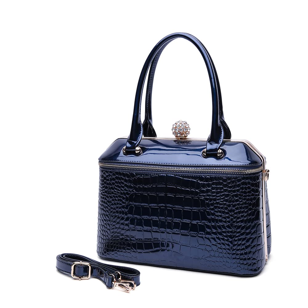 Style Strategy green patent leather purses for women Crocodile Textured Shoulder handbag with kiss lock Satchel crossbody for women