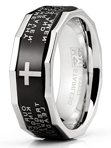 Bonndorf Two Tone Stainless Steel Ring with Lords Prayer and Cross Design Size 9.5