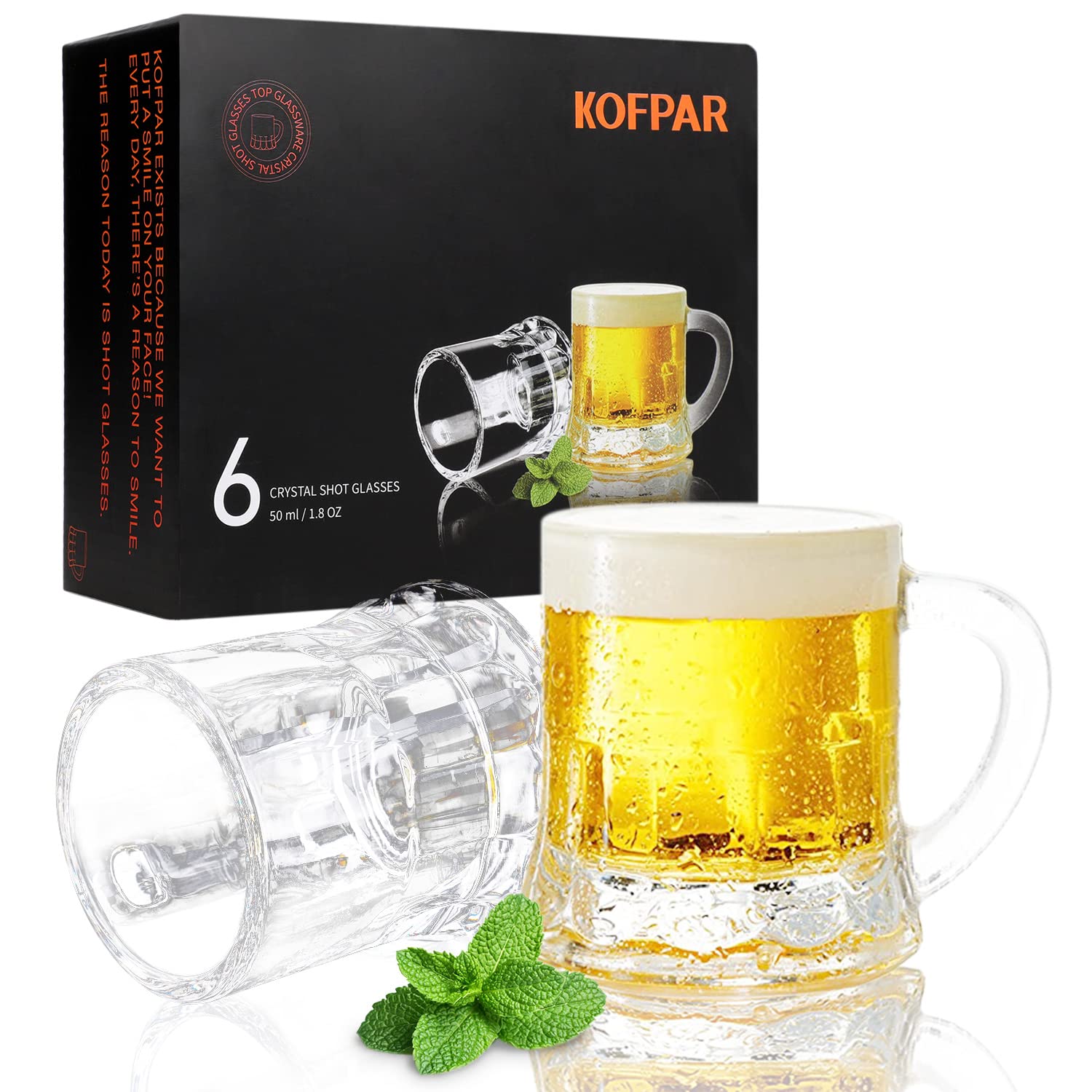 KOFPAR 6 Pcs Shot Glasses, Mini Beer Mug Shot Glasses with Handles, 50 ml/1.8 oz Shot Glasses for Vodka, Whiskey, Tequila, Espresso, Perfect Valentine's Day Gift for Men Women Birthday Gifts (Glass)