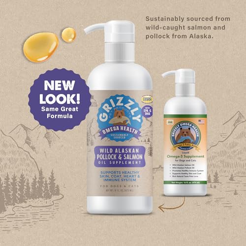 Grizzly Omega Health for Dogs & Cats, Wild Salmon Oil/Pollock Oil Omega-3 Blend