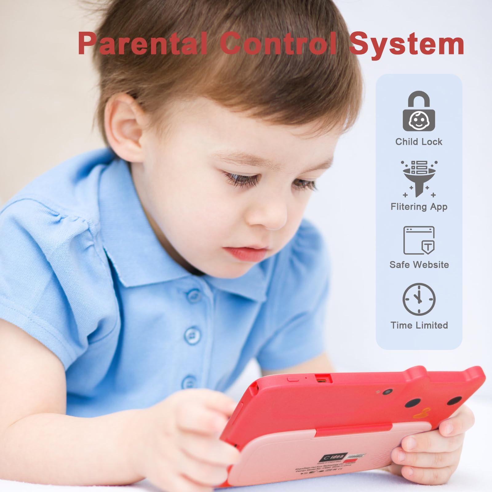 C idea 7 inch Kids Tablet, Android 12 Tablet for Kids with Kid-Proof Case 32GB+32GB Expandable Storage HD Dual Camera WiFi Childrenās Tablet for Toddler Boys Girls Playing and Learning (Rose Red)