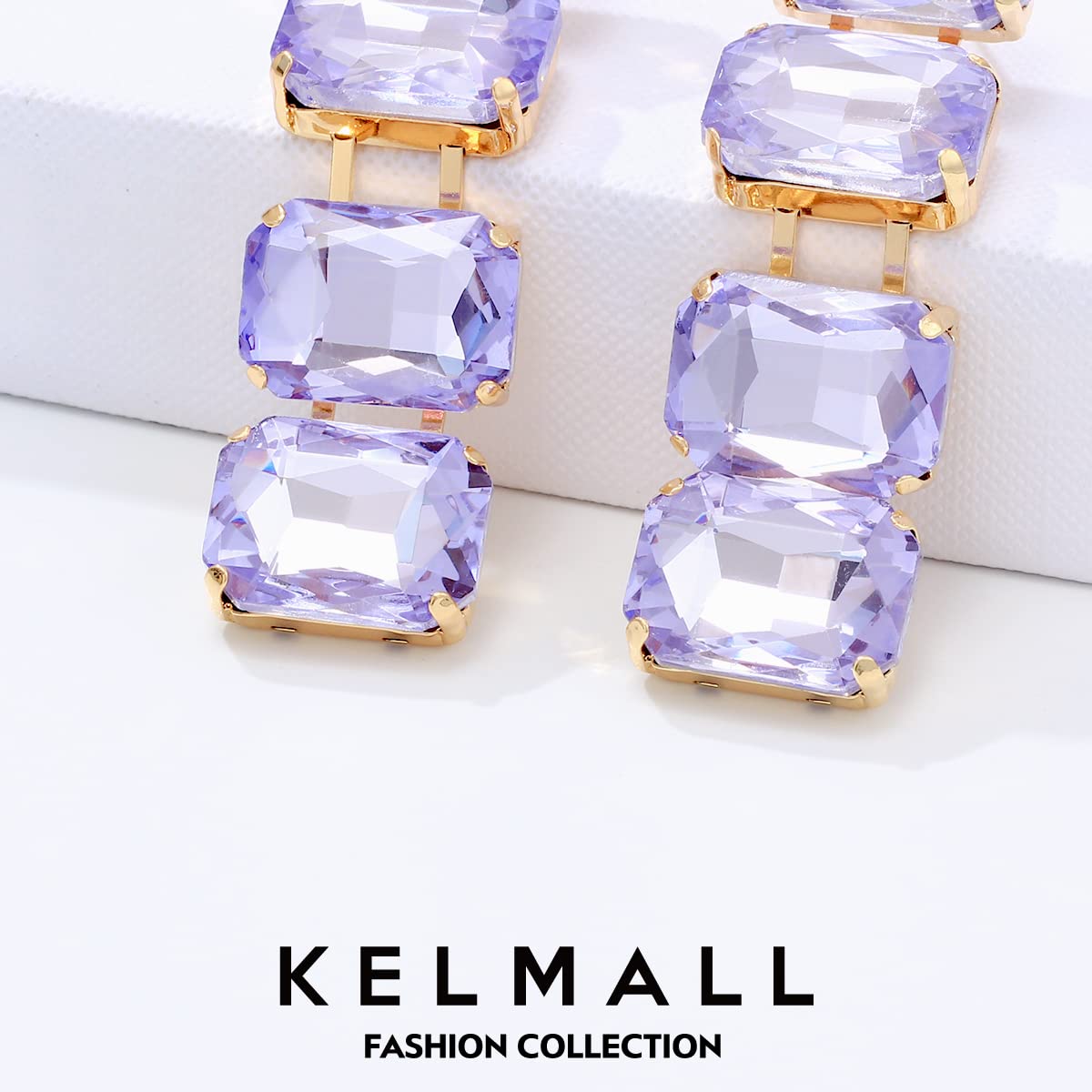Chunky Rhinestone Rectangle Earrings for Women Dangling Geometric Shaped with Purple Crystal Drop Earrings KELMALL COLLECTION